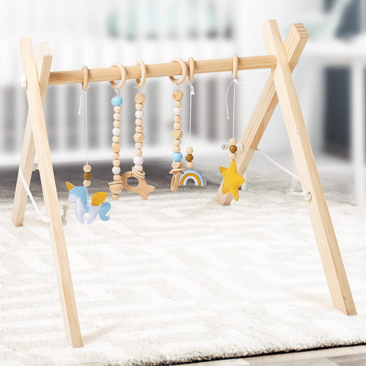 Wooden Baby Play Gym – Wooden Play Gym with 6 Hanging Toys, Baby Gym ...