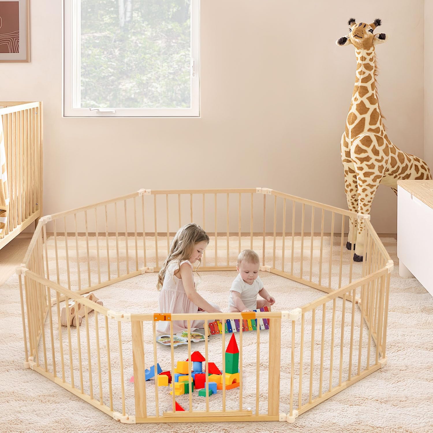 Wooden Baby Playpen Extra Large, 74”×74” Foldable Play Fence for Babies ...