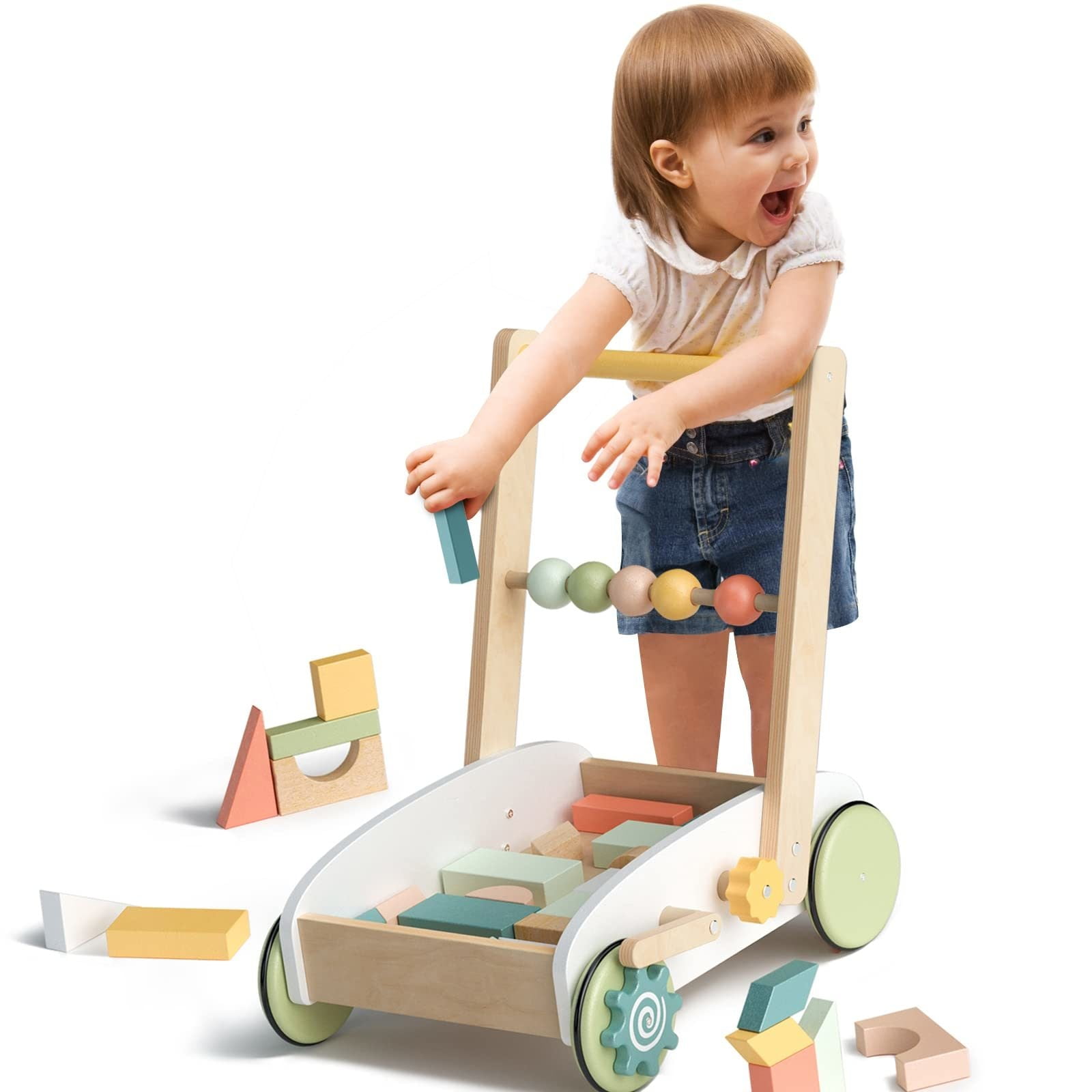 Wooden Baby Push Walker Toy with Blocks Learning Walker Toddler ...