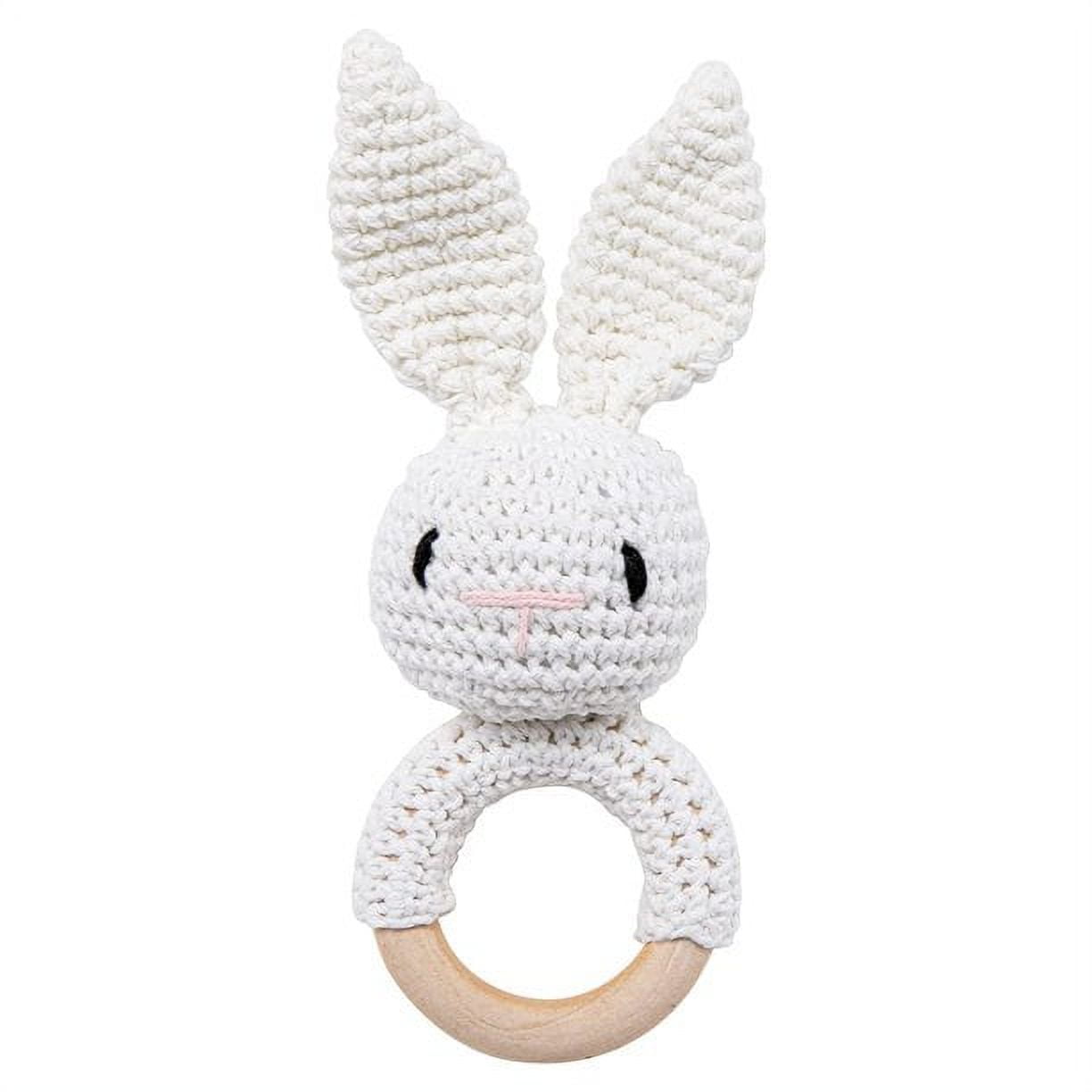 Wooden Baby Rattle Crochet White Bunny Baby Teething Ring Handmade ...