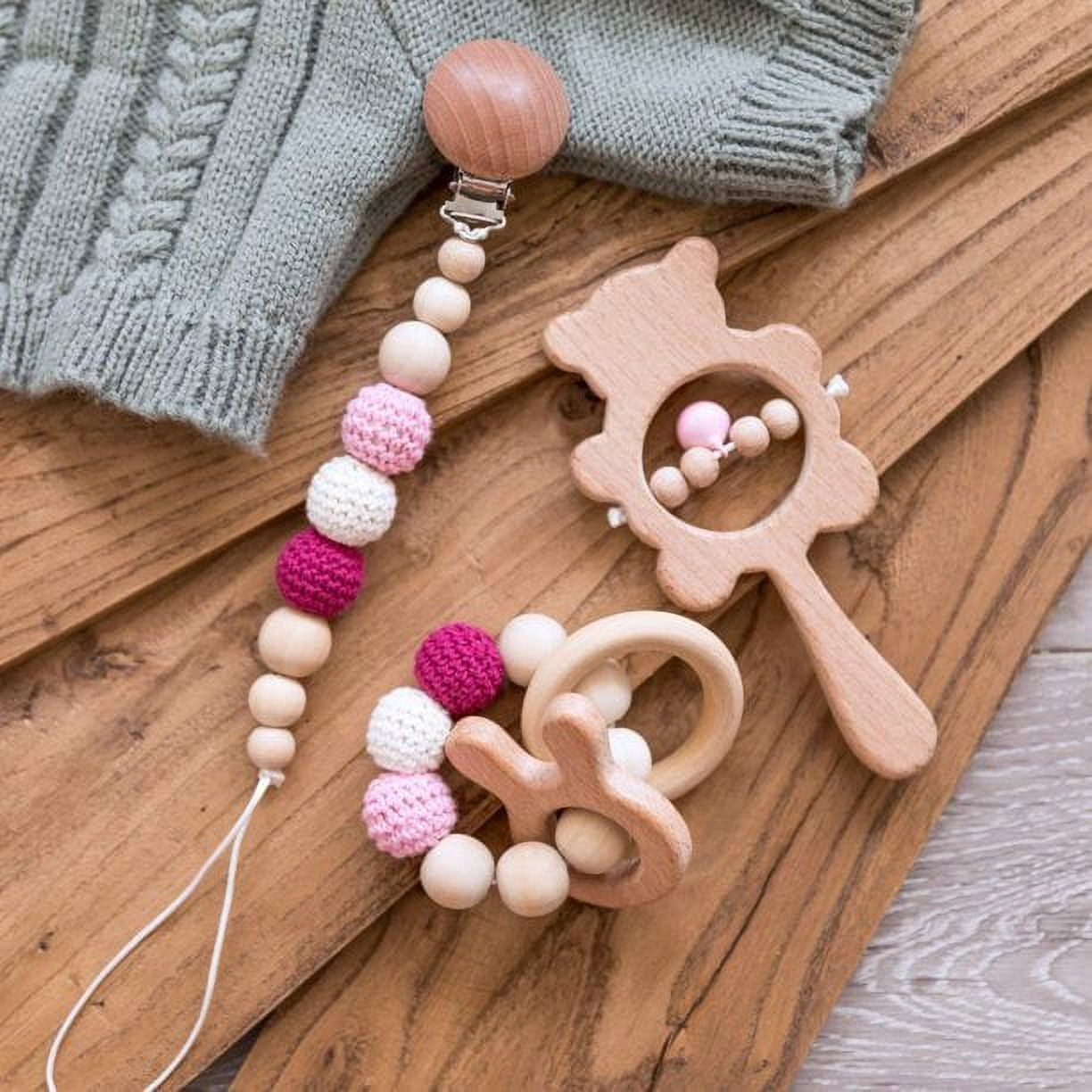 Wooden Baby Rattles Toys Natural Wooden Teething Ring Set Rattles Hand ...