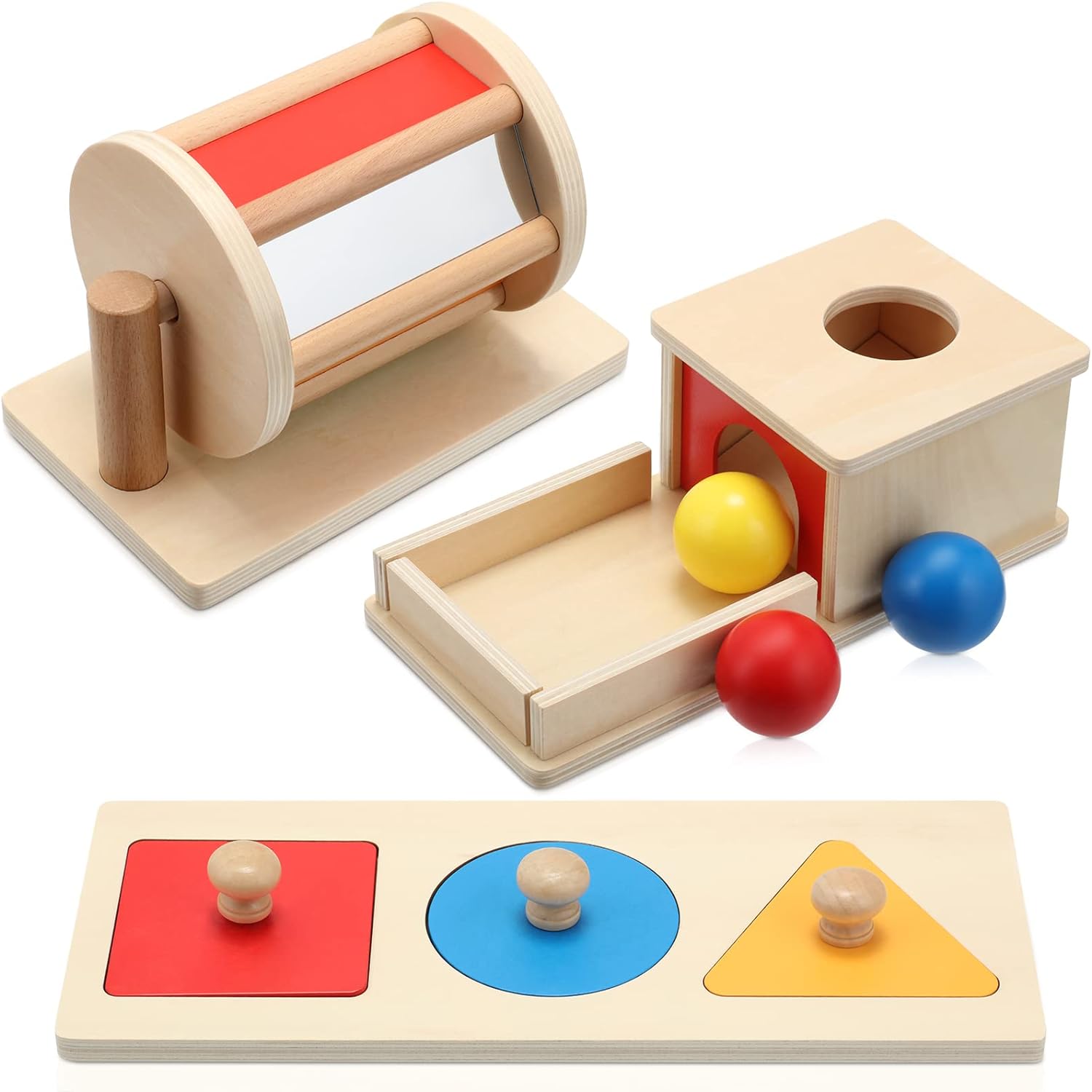 Sratte 3 Pcs Wooden Baby Toys Set, Object Permanence Box, Rainbow Drum ...