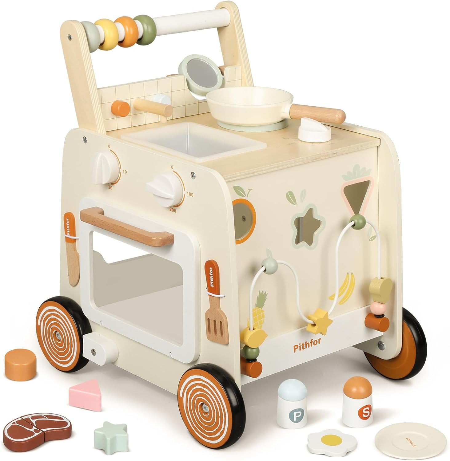 Wooden Baby Walker, 3-in-1 Baby Push Walker, with Pretend Kitchen ...