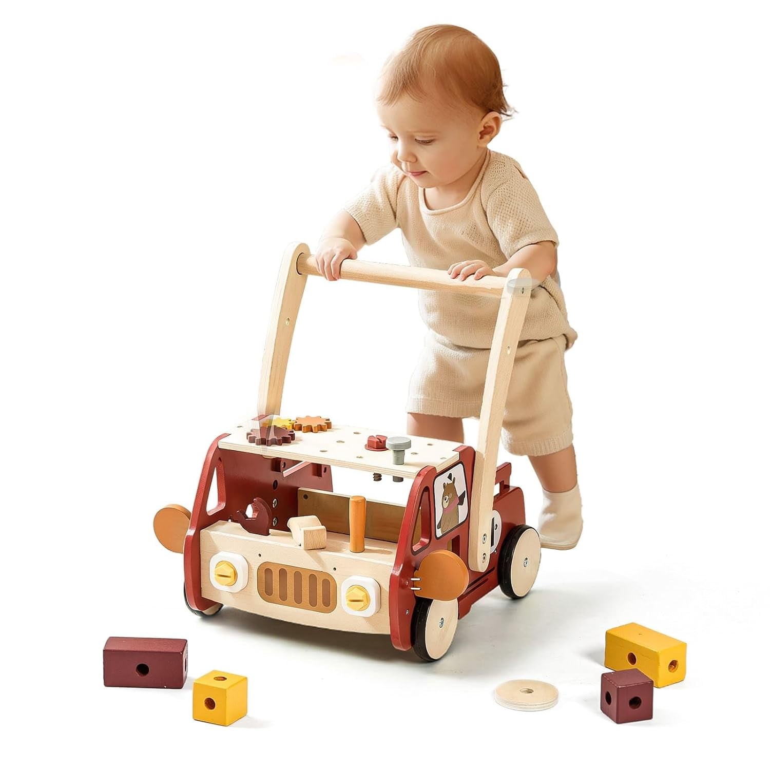 Wooden Baby Walker Adjustable Height & Speed with Tool Bench and Toy ...