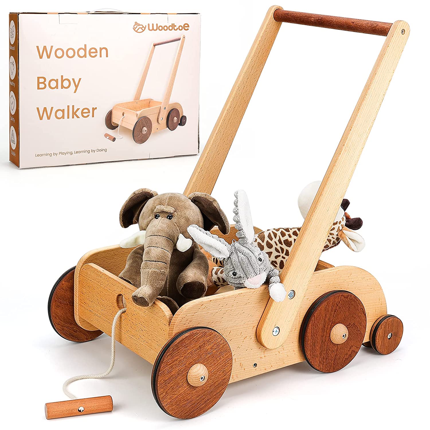 Wooden Baby Walker, Adjustable Speed Anti-Rollover Push Walker Toy for ...