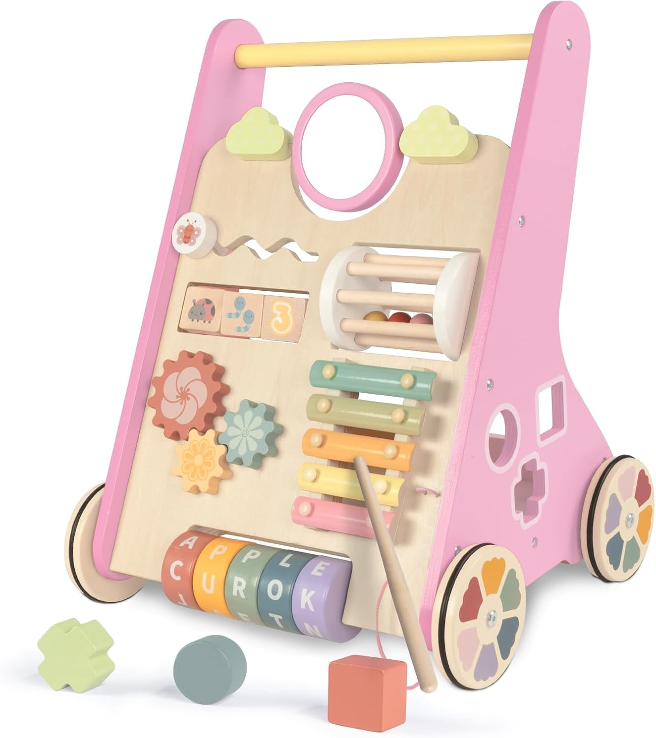 Wooden Baby Walker With Wheels for Girls 12 Months - Pink Push Toy for ...