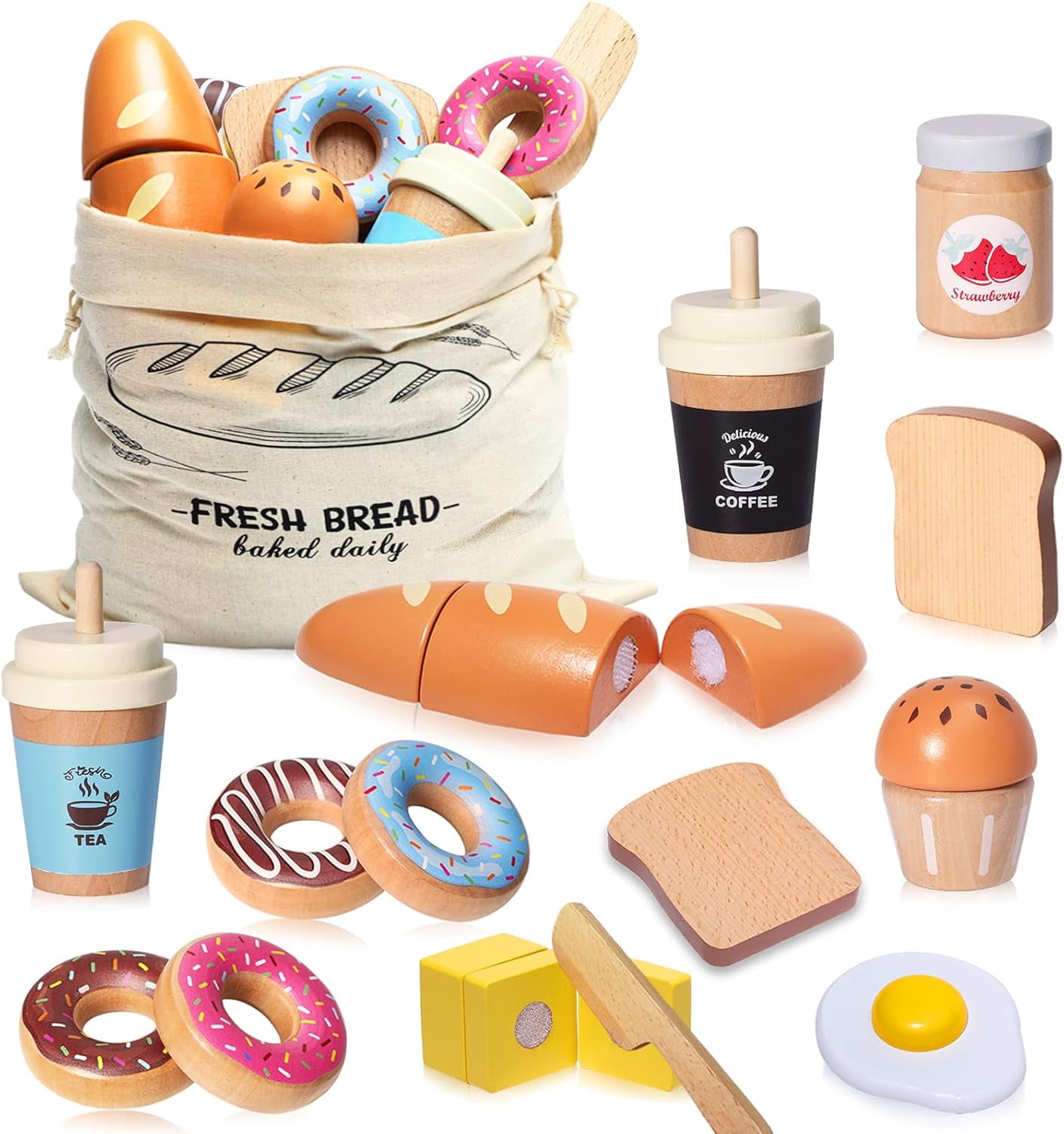 Wooden Bakery Playset Food Toys, Kids Pretend Play Food Baking Set ...