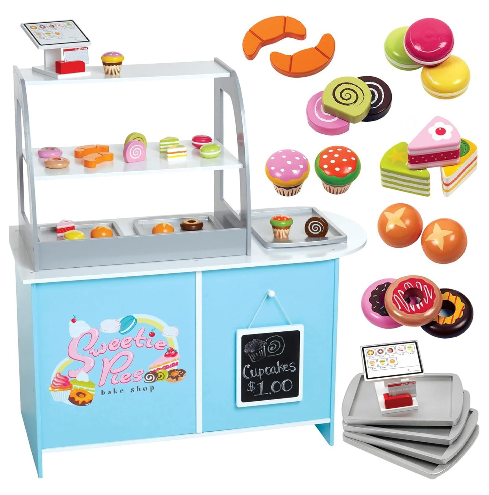 Wooden Bakery Playset Pretend Stand for Kids - 25 Piece Bake Shop Cafe ...