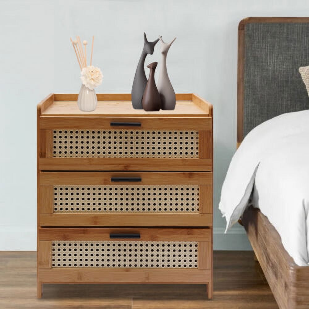Wooden Bamboo Bedside Table with 3 Sliding Drawer Bedrooms Sofa Side ...