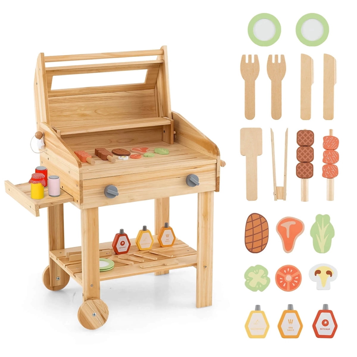 Wooden Barbecue Grill Playset with Play Food and Grilling Tools for ...