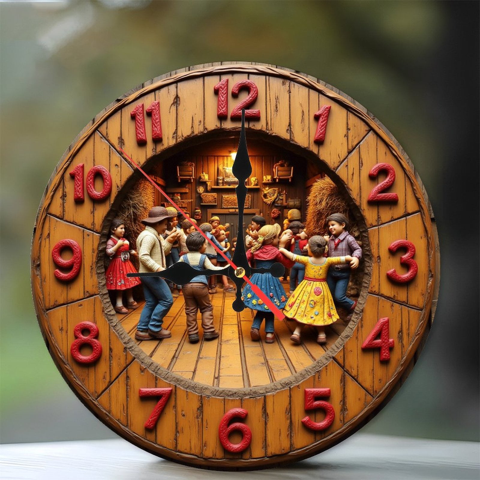 Wooden Barn Clock Figurines Kids Dancing Wall Clock 10-Inch Silent ...