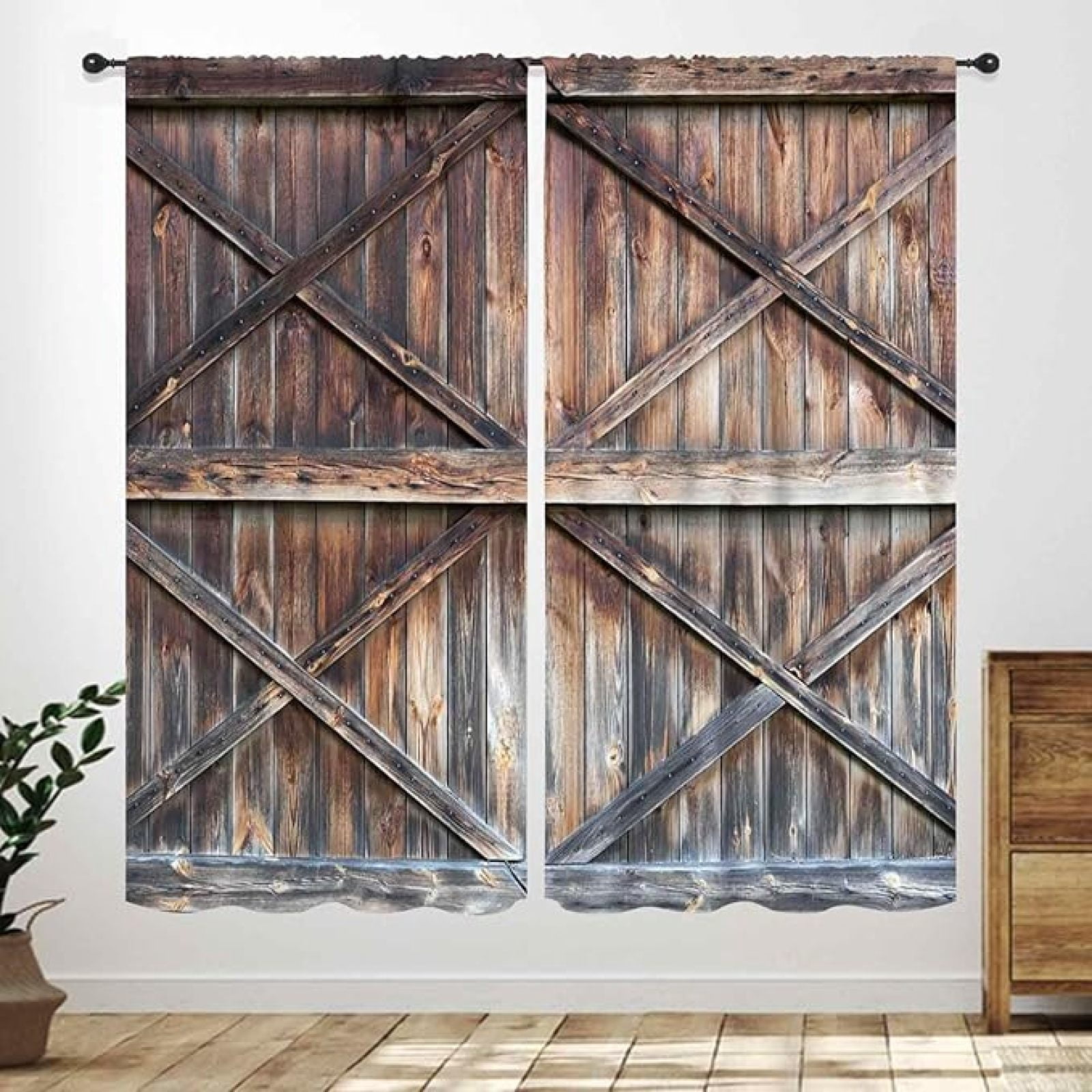Wooden Barn Door Curtains, Vintage Wood Board Farmhouse Country Cottage ...
