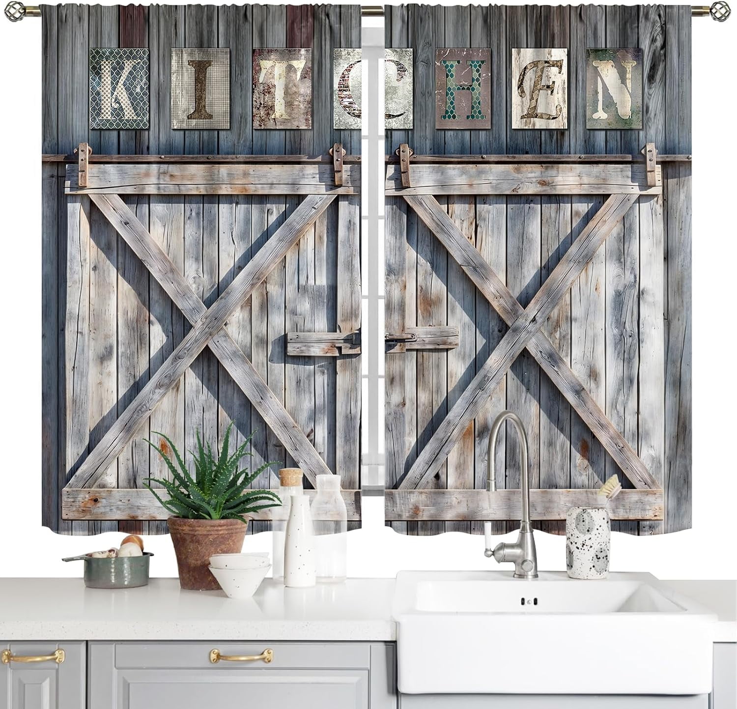 Wooden Barn Door Kitchen Curtains Country Wood Farmhouse Rustic Farm ...