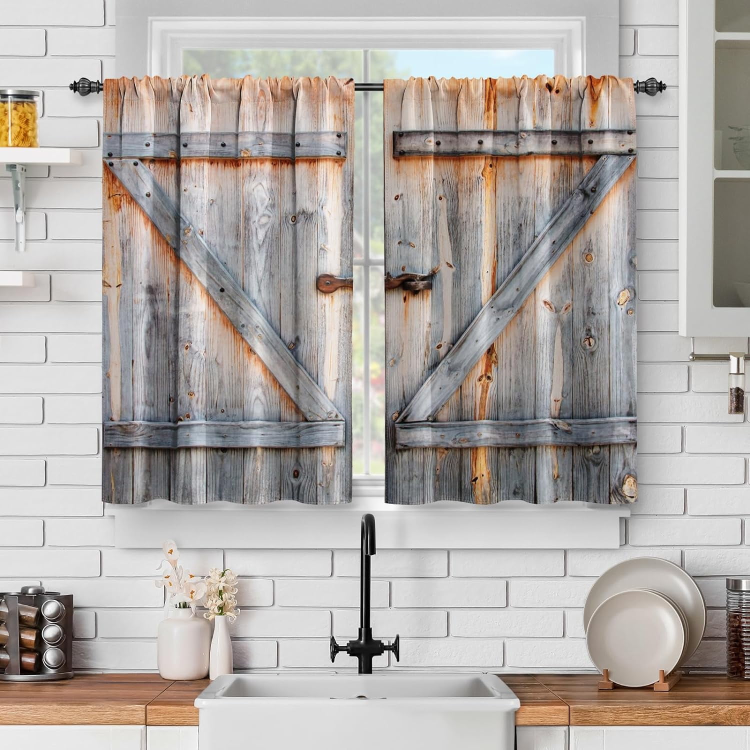 Wooden Barn Kitchen Curtains - Vintage Farmhouse Short Cafe Curtains ...