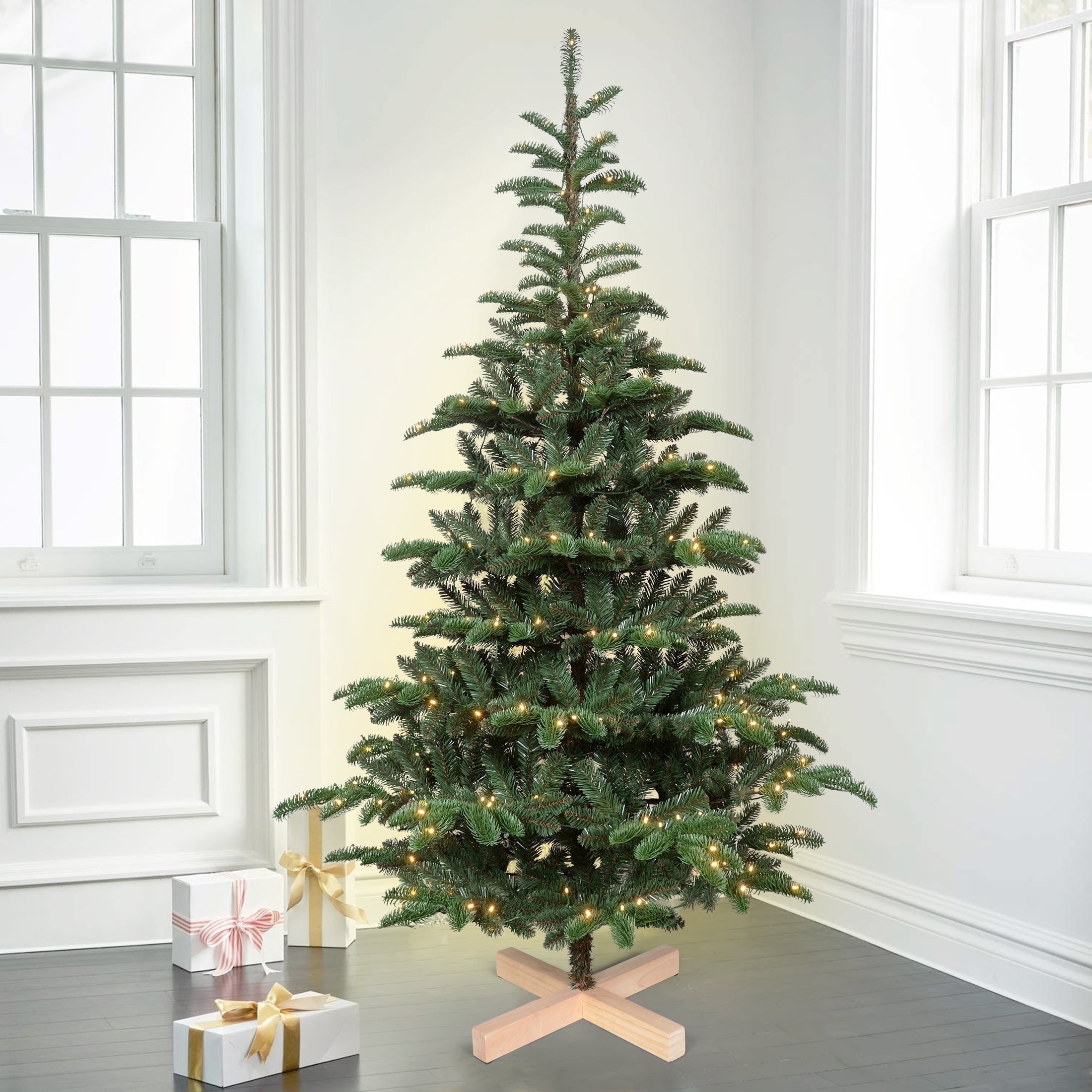 Wooden Base Christmas Tree 7 ft Pre lit, Bringstar Artificial Tree 941 ...