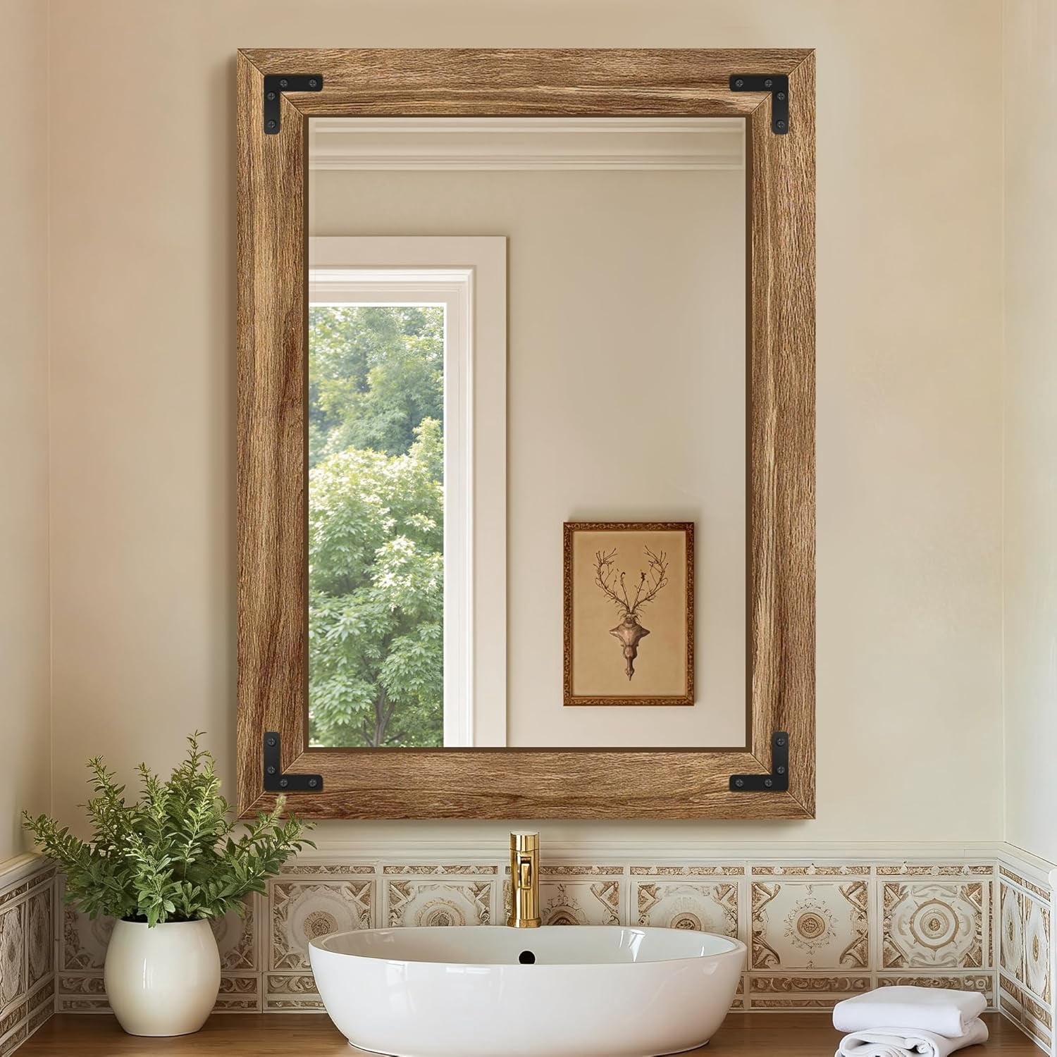 Wooden Bathroom Mirror for Wall, 32"x24" Solid Frame Vanity Mirror, for ...