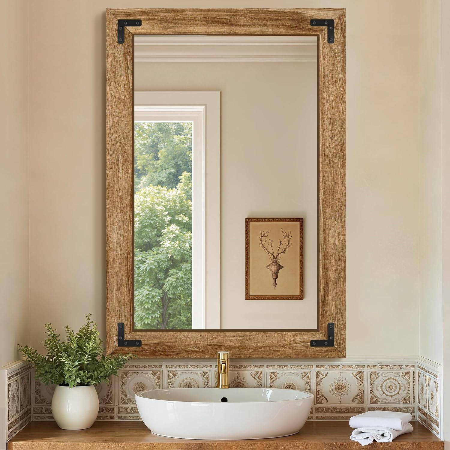 Wooden Bathroom Mirror for Wall, 38"x26" Solid Frame Vanity Mirror, for ...