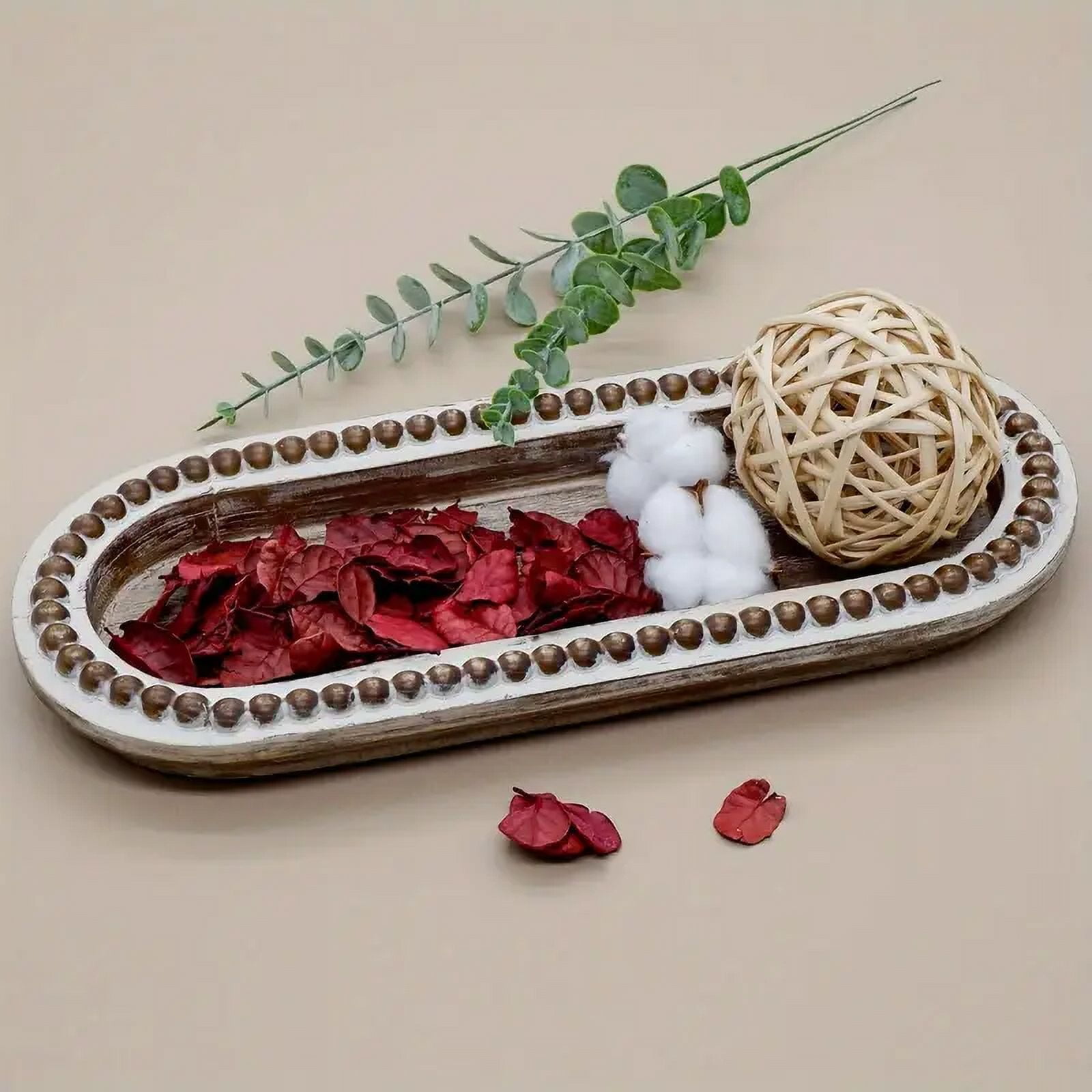 Wooden Bead Decorative Tray, Wood Serving Tray for Coffee Table, White ...