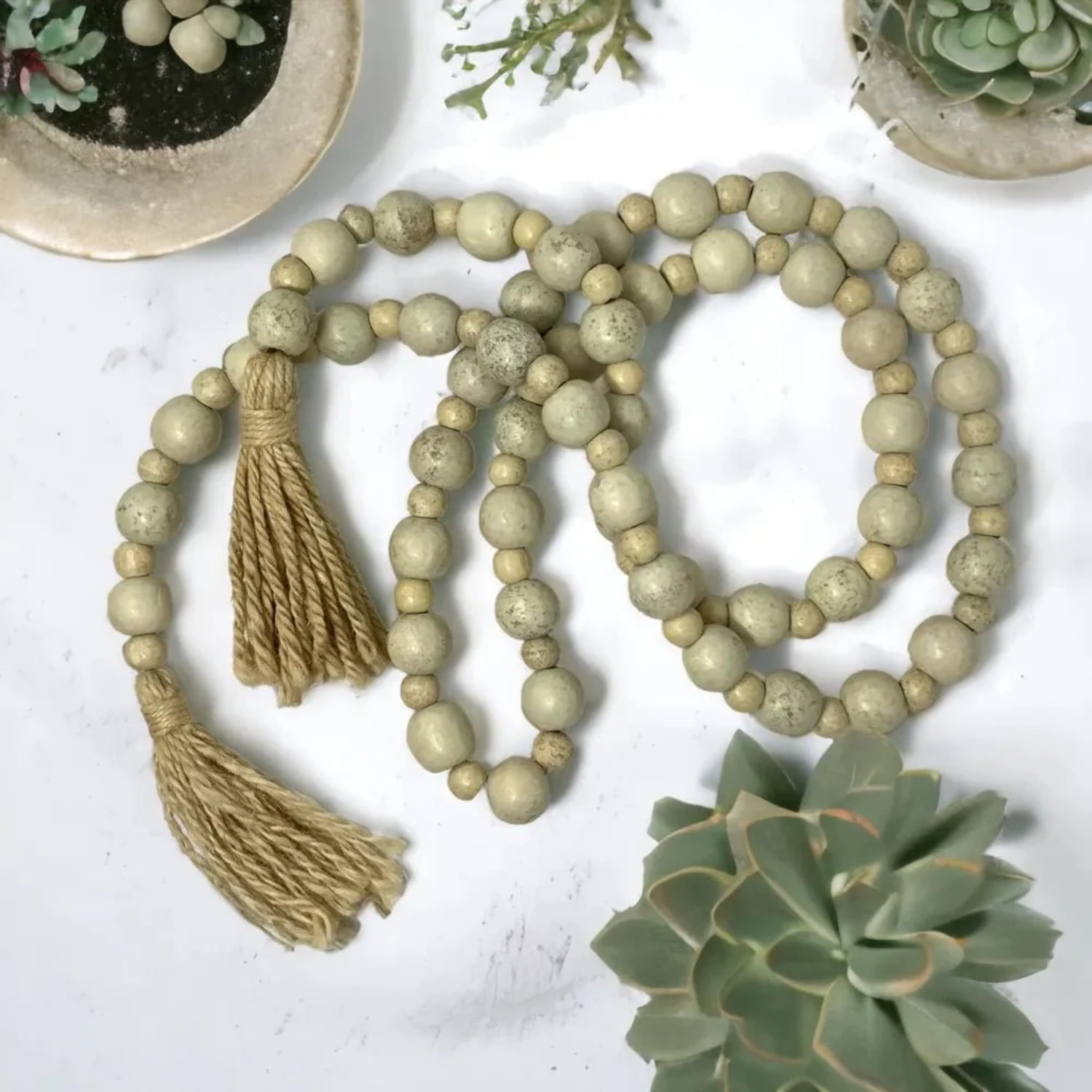Wooden Bead Garland Rustic Farmhouse Christmas Garland Whitewash BOHO ...