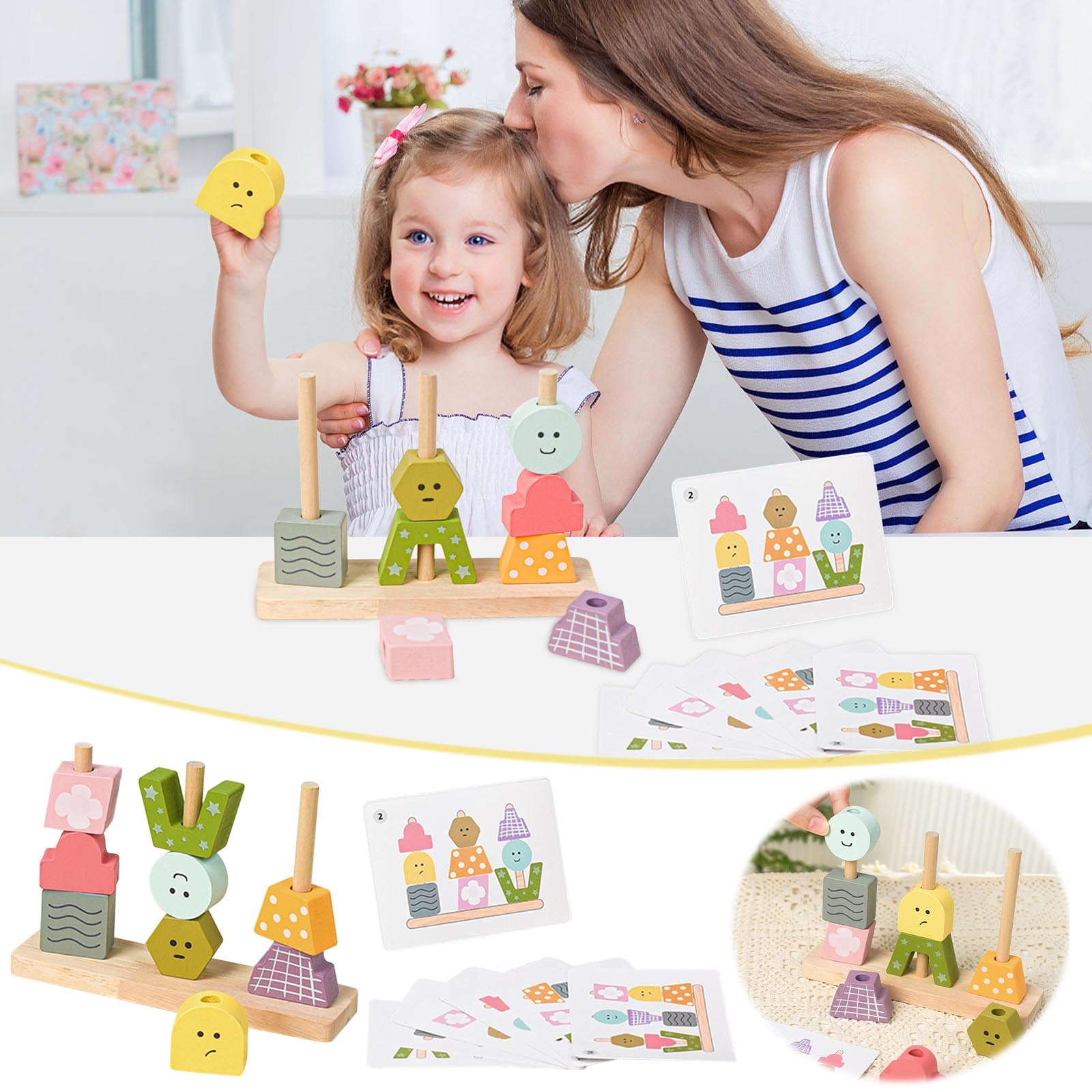 Wooden Beads Sequencing Toy Matching Shape Stacker for 2 3 4 5 Boys ...