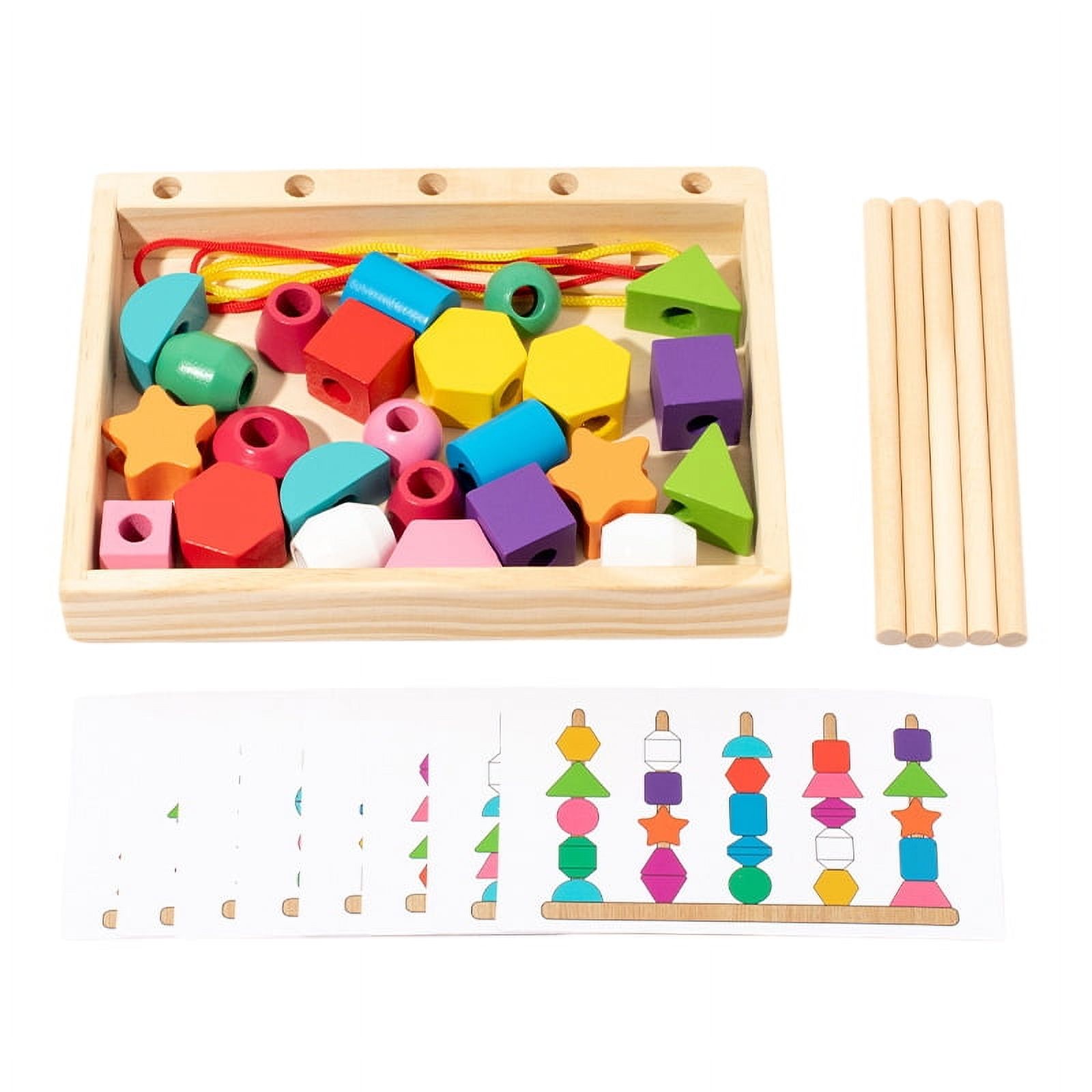 Wooden Beads & Stacking Toy Set – Lacing Beads, Shape Matching Stackers ...