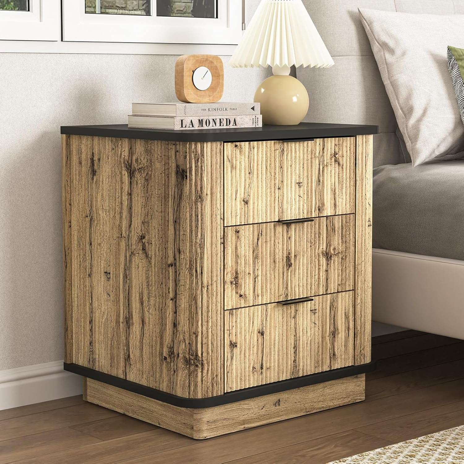 Wooden Bedside Table with 3 Storage Drawers, Farmhouse Accent Fluted ...