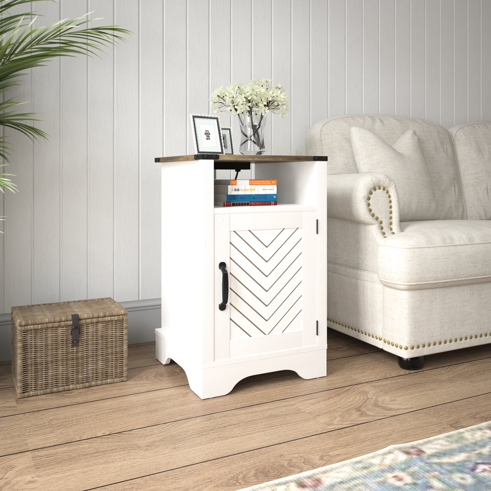 Wooden Bedside Table With Power Outlet - White & Oak. Hinged Door ...