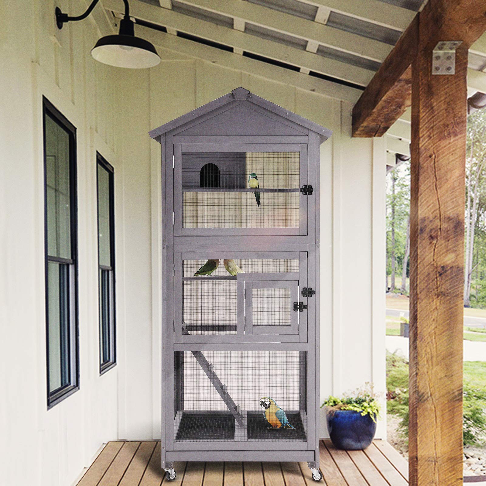 Wooden Bird Cage on Wheels for Outdoor Use, Spacious Aviary with Play ...