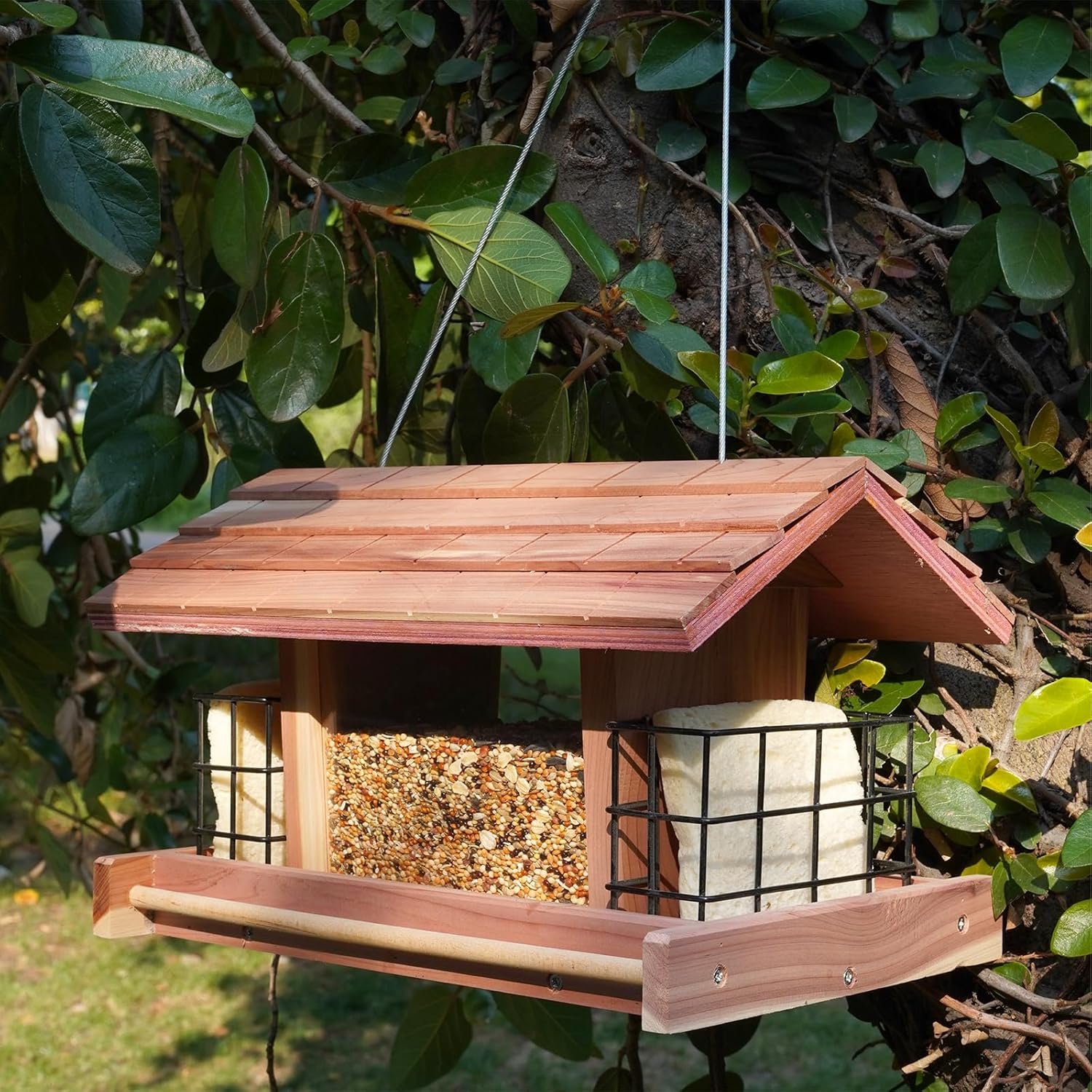 Wooden Bird Feeder for Outdoors Hanging Mount Large Capacity, Red Cedar ...