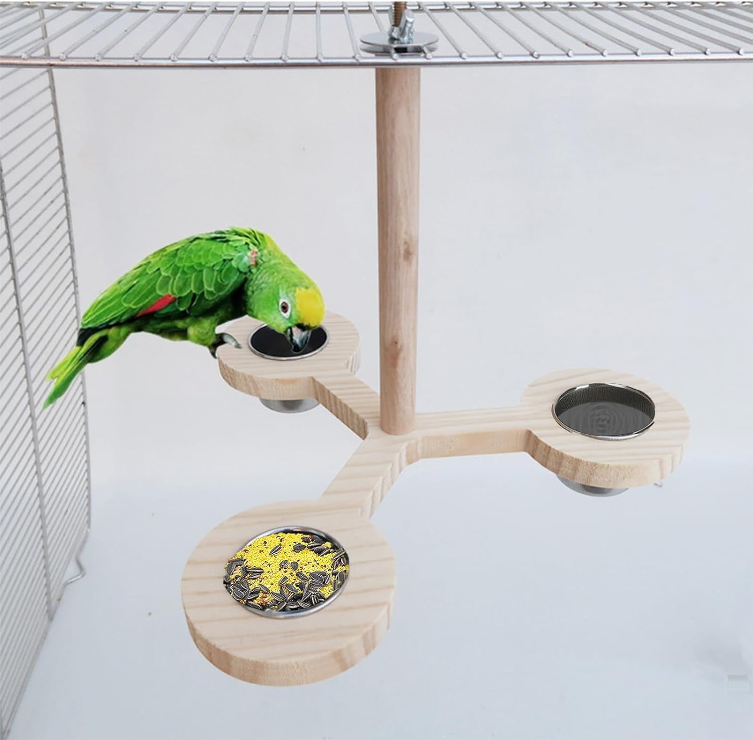 Wooden Bird Perch With 3 Stainless Steel Feeding Dish Cups, Cage Top ...