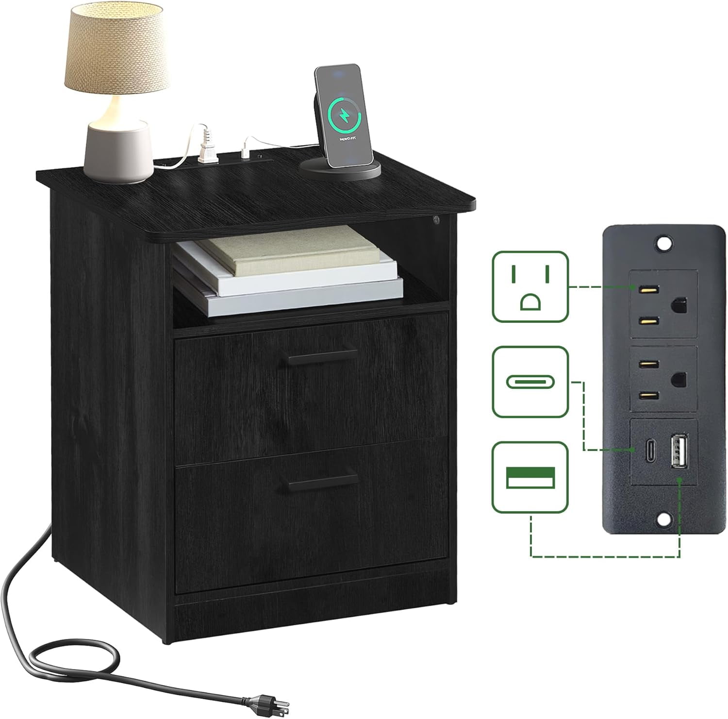 Wooden Black Bedside Table with Fast Charging Station & USB-C Cable, 2 ...