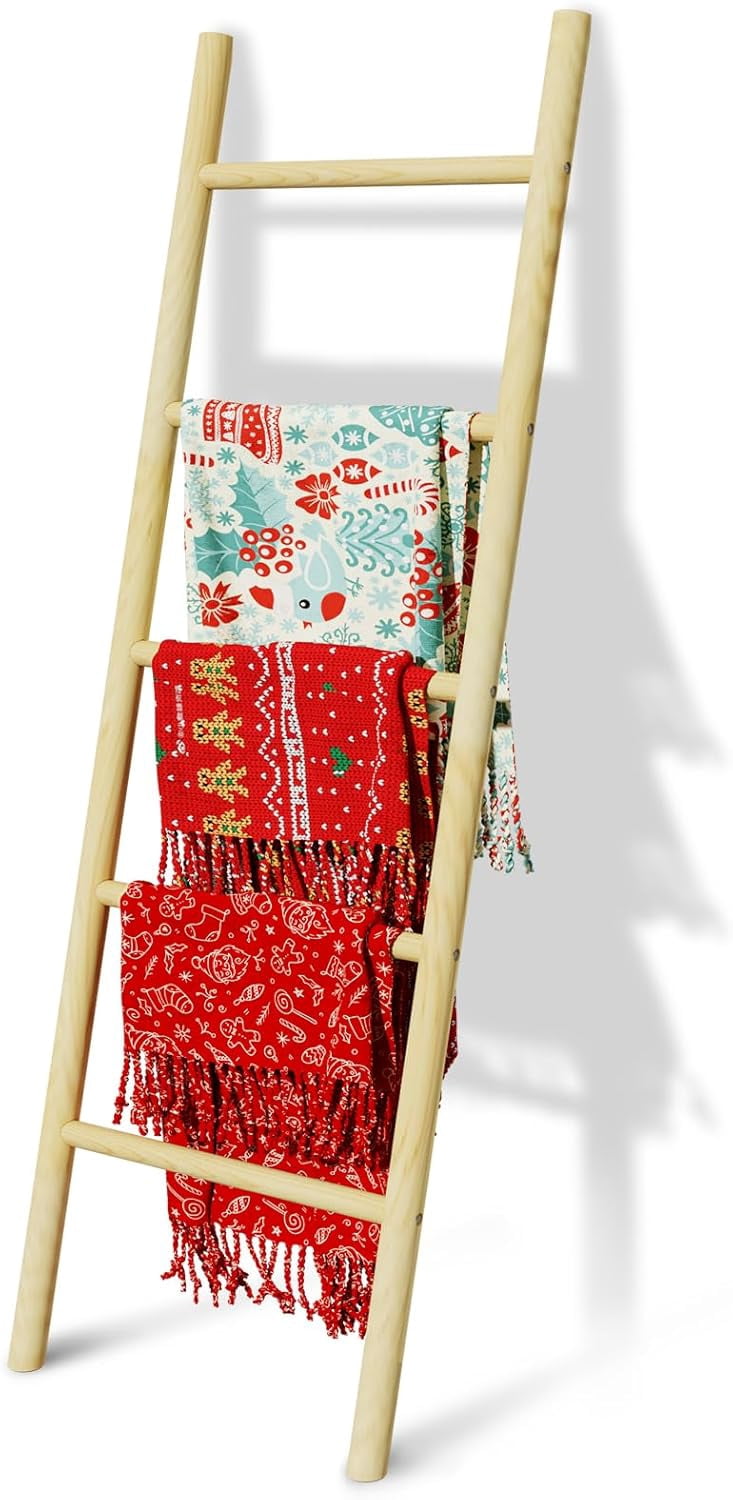 Wooden Blanket Ladder, 4.8ft Throw Blanket Holder for Living Room ...