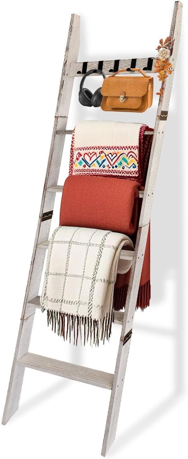 Wooden Blanket Ladder with Removable Hooks, 6-Tier 5.66 Ft (68 Inch ...