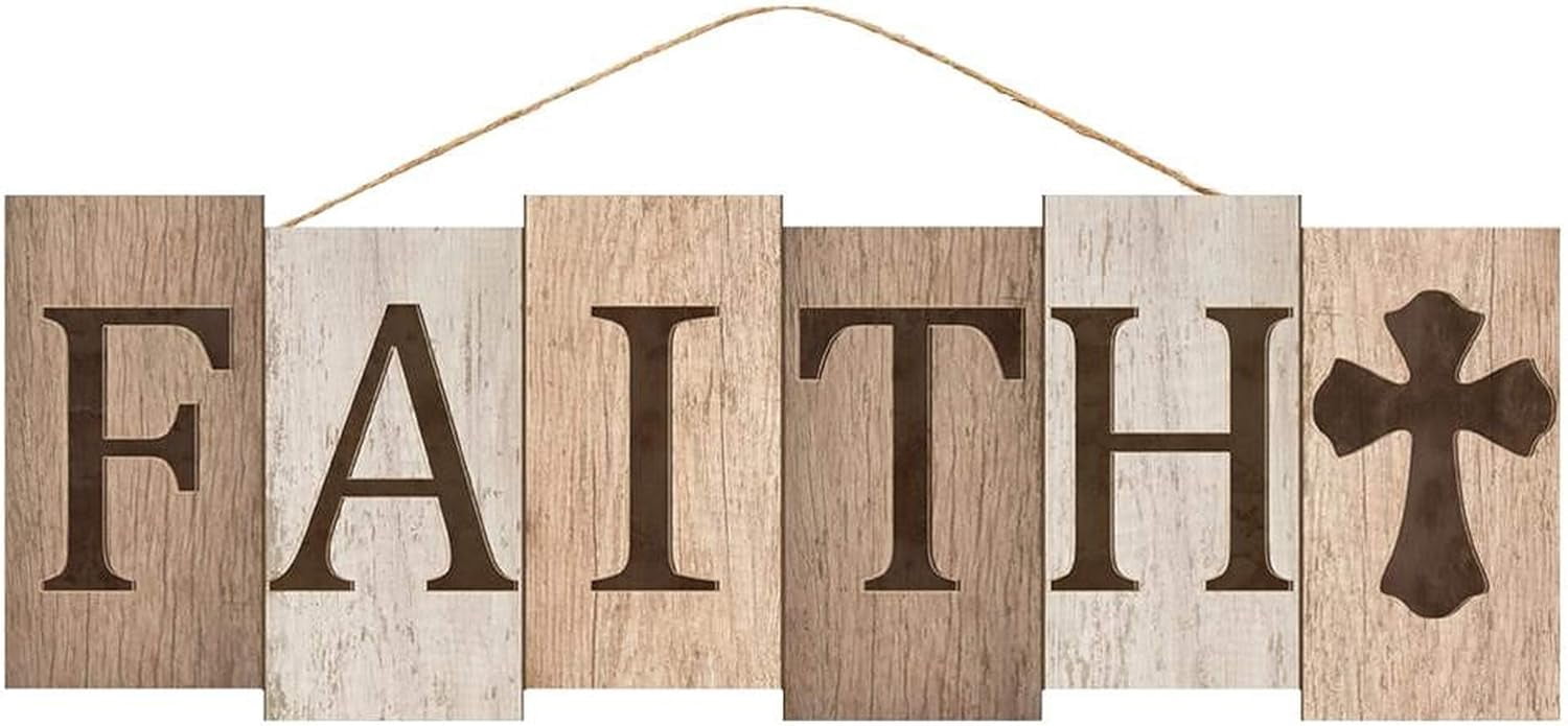Wooden Block Faith Cross Sign 14" x 5", Brown, Rustic Christian Wall ...