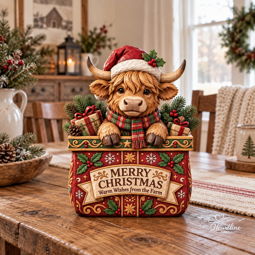 Wooden Block Highland Cow Christmas Tabletop Accent for Farmhouse ...
