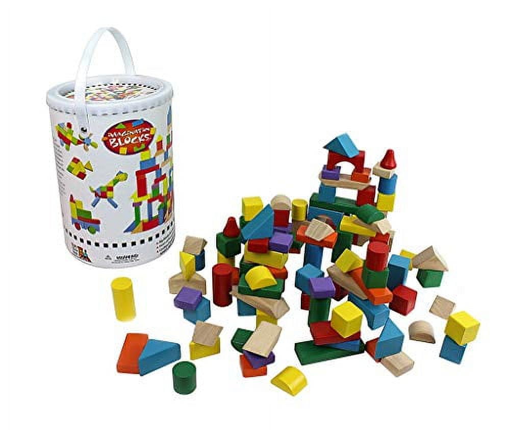 Wooden Blocks - 100 Pc Wood Building Block Set with Container (Rainbow ...