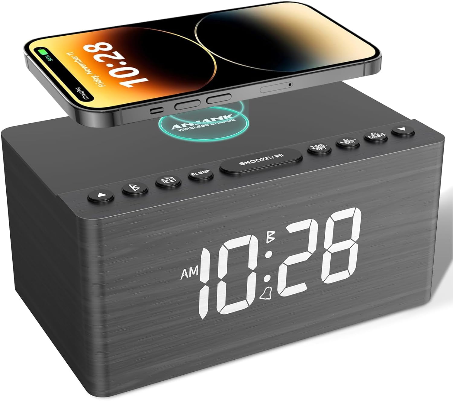 Wooden Bluetooth Speaker Alarm Clock with Fm Radio, Wireless Charging ...