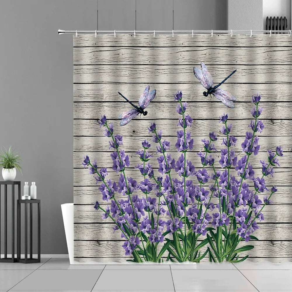Wooden Board Floral Plant Print Shower Curtain Pink Roses Red Purple ...