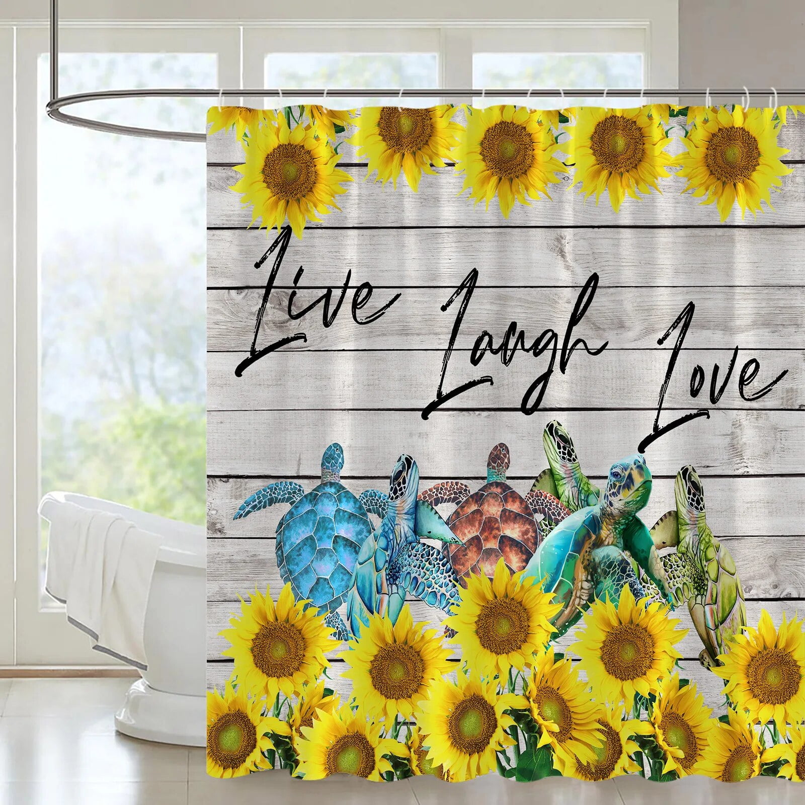 Wooden Board Flower Shower Curtain Daisy Sunflower Butterfly Brown Blue