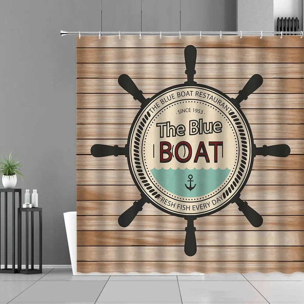 Wooden Board Print Shower Curtain Wood Grain Clock Five-Pointed Star ...