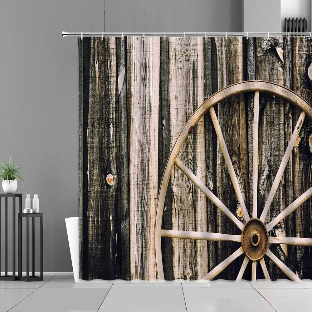 Wooden Board Print Shower Curtain Wood Grain Clock Five-Pointed Star ...