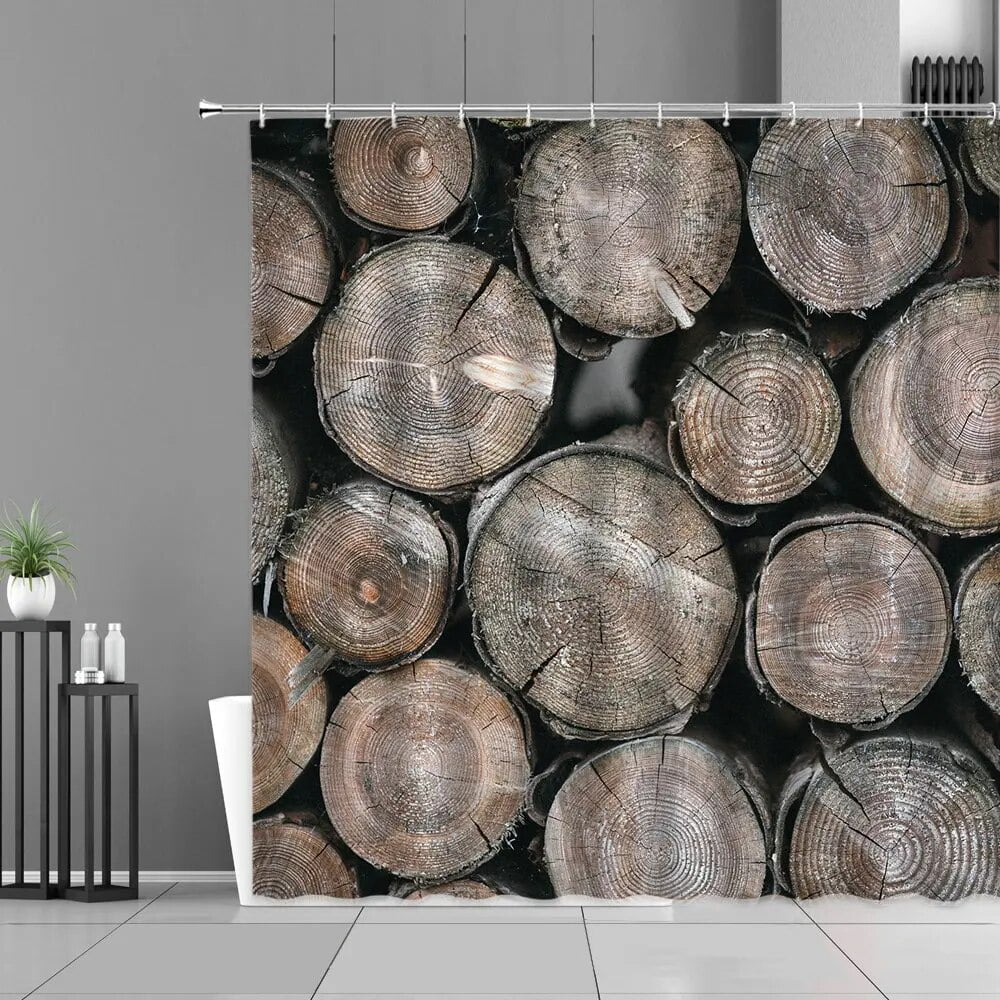 Wooden Board Print Shower Curtain Wood Grain Clock Five-Pointed Star ...