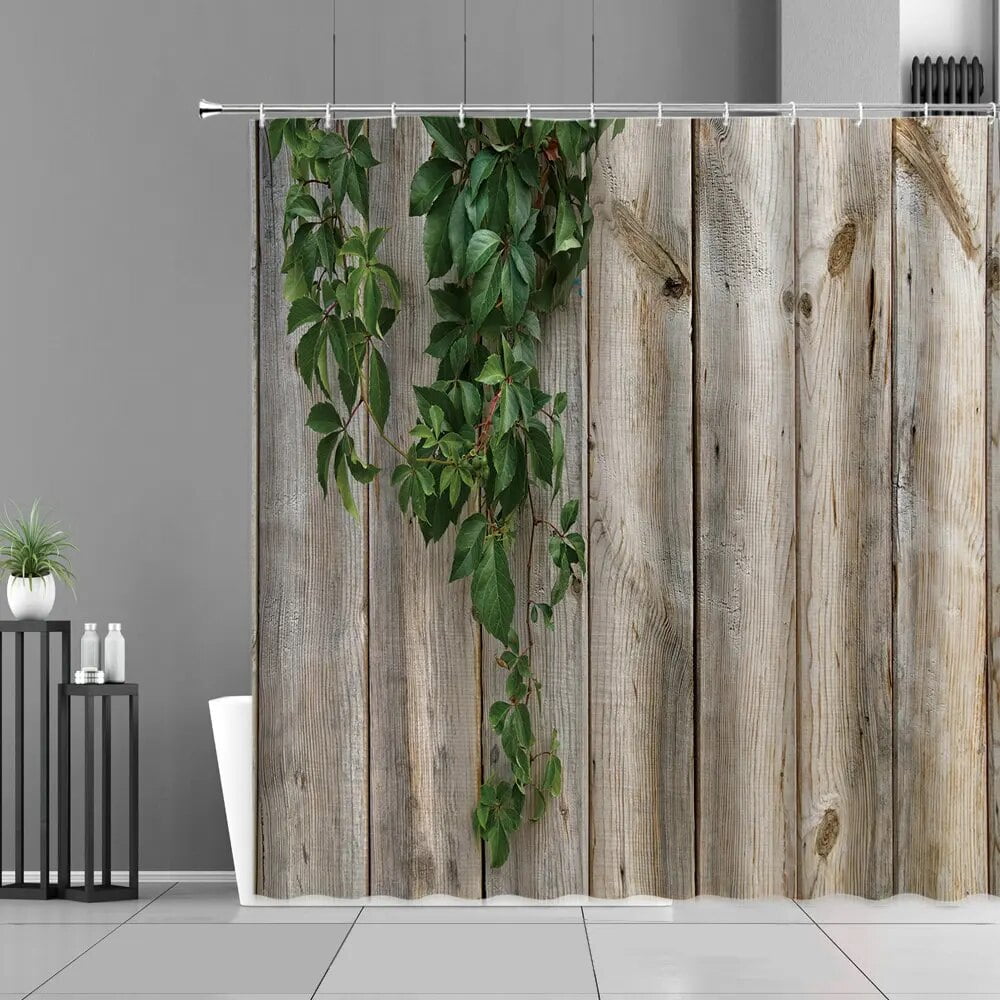 Wooden Board Print Shower Curtain Wood Grain Clock Five-Pointed Star ...
