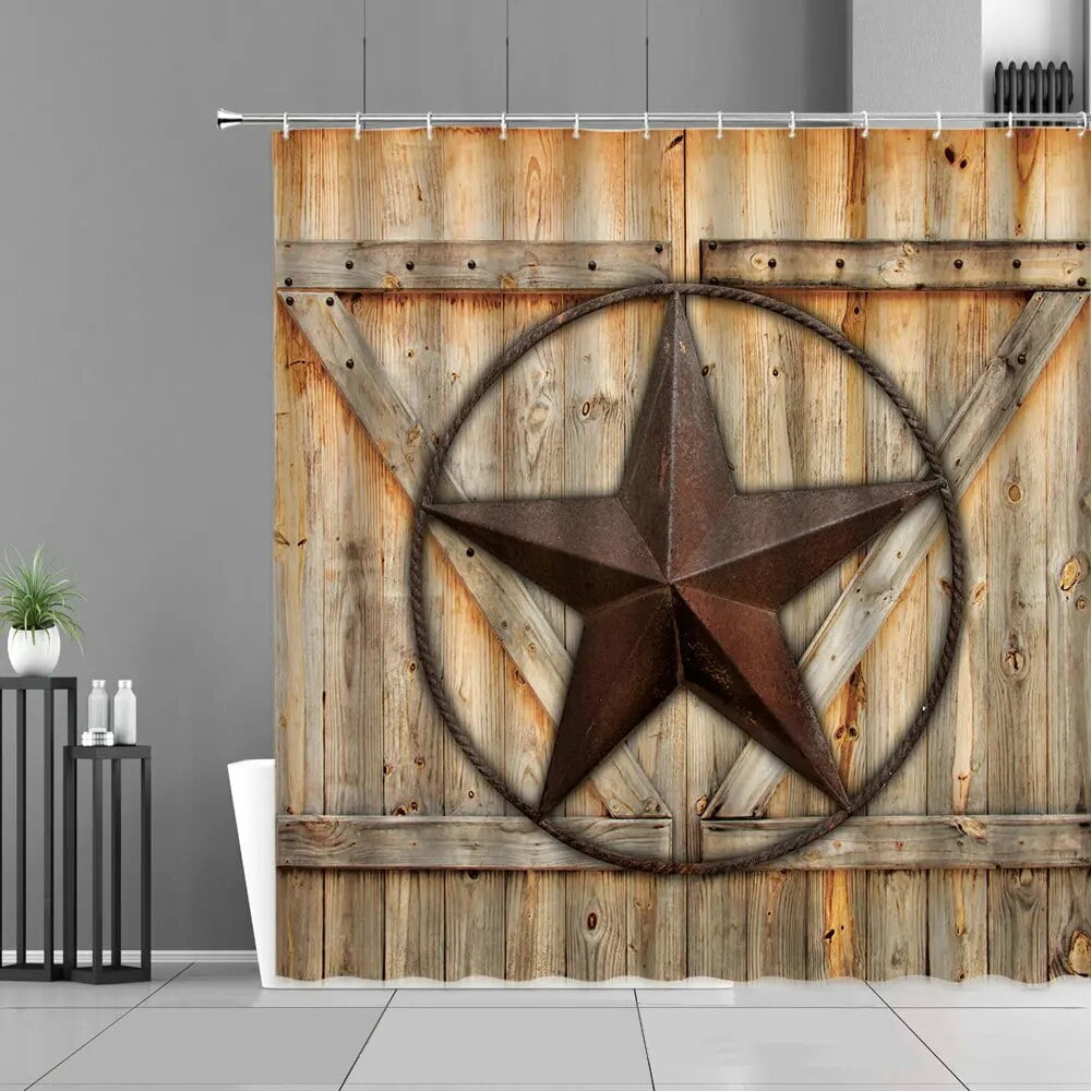 Wooden Board Print Shower Curtain Wood Grain Clock Five-Pointed Star ...