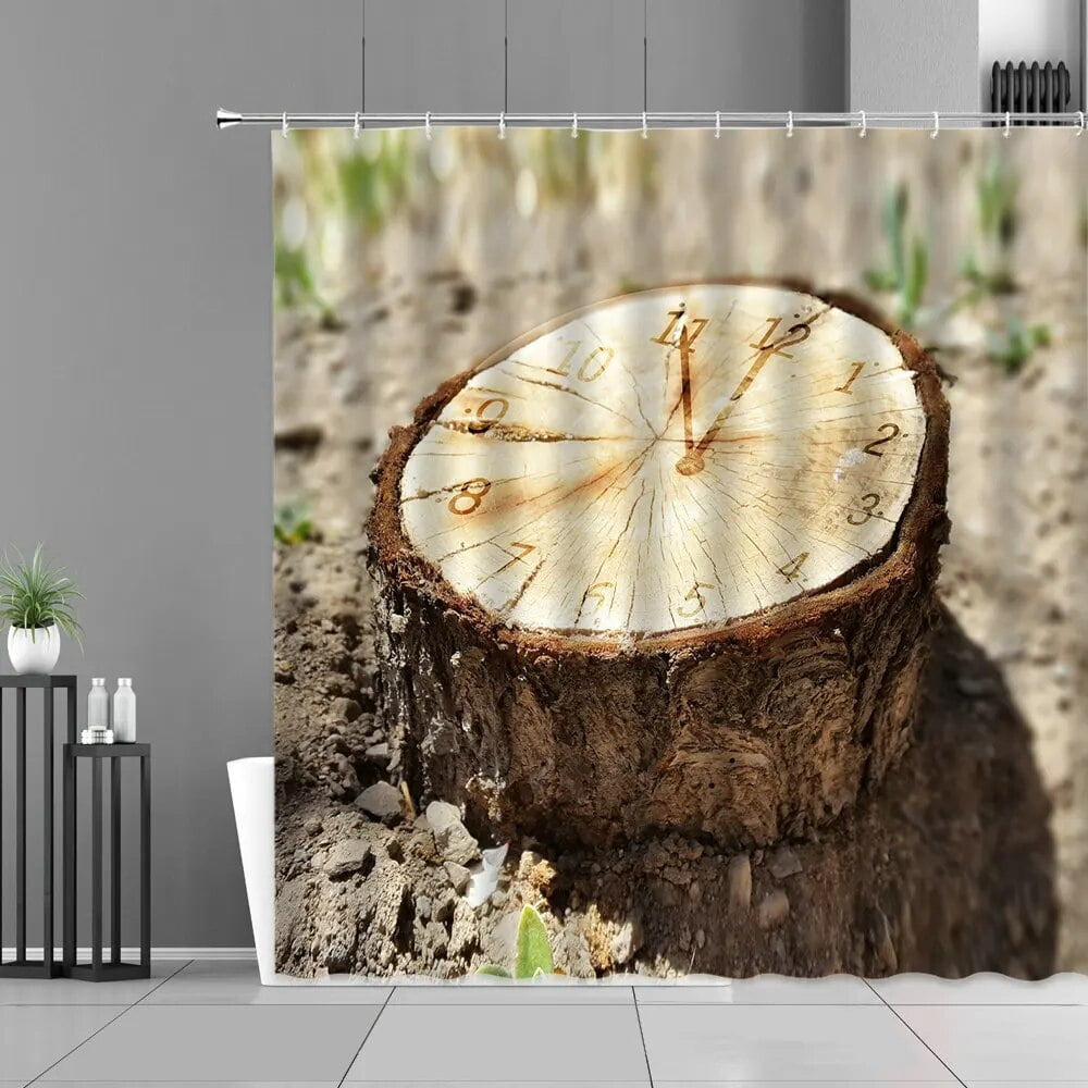 Wooden Board Print Shower Curtain Wood Grain Clock Five-Pointed Star ...