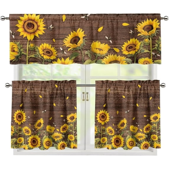 Wooden Board Sunflower 3-Piece Tier Curtains 24 Inch Long Country ...