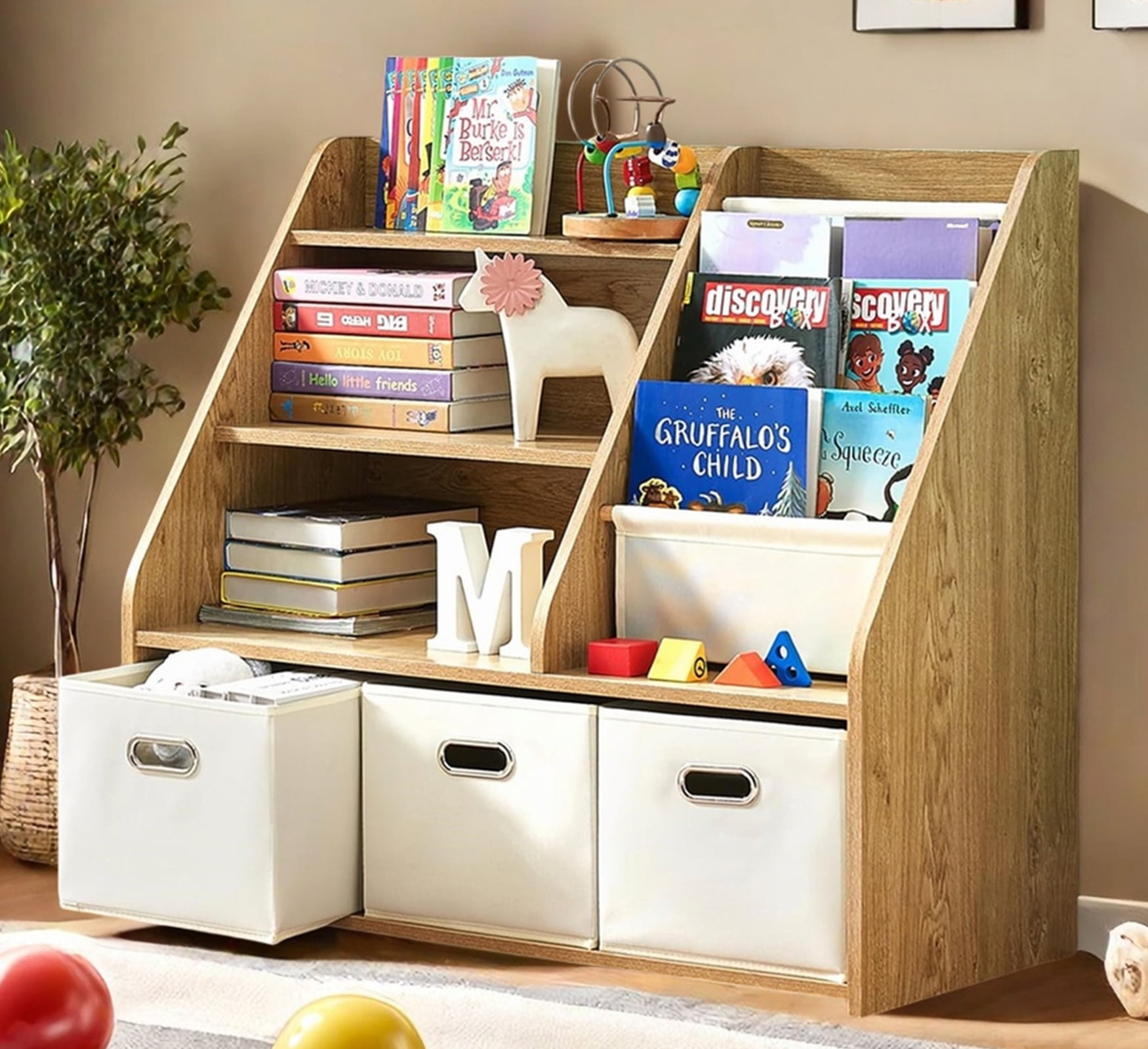 Wooden Book Shelf for Kids Rooms, 3-Tier Montessori Nursery Book ...
