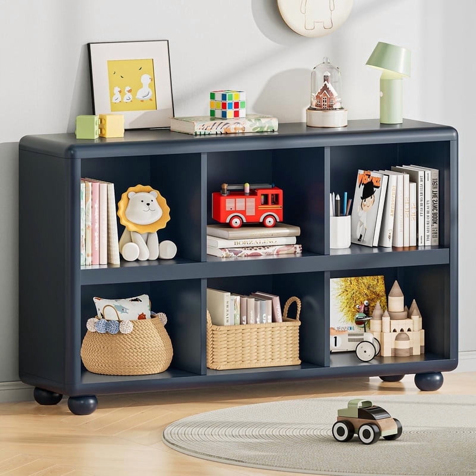 Wooden Bookcase with 6 Cube Storage, Kids Bookshelf with Sphere Foot ...