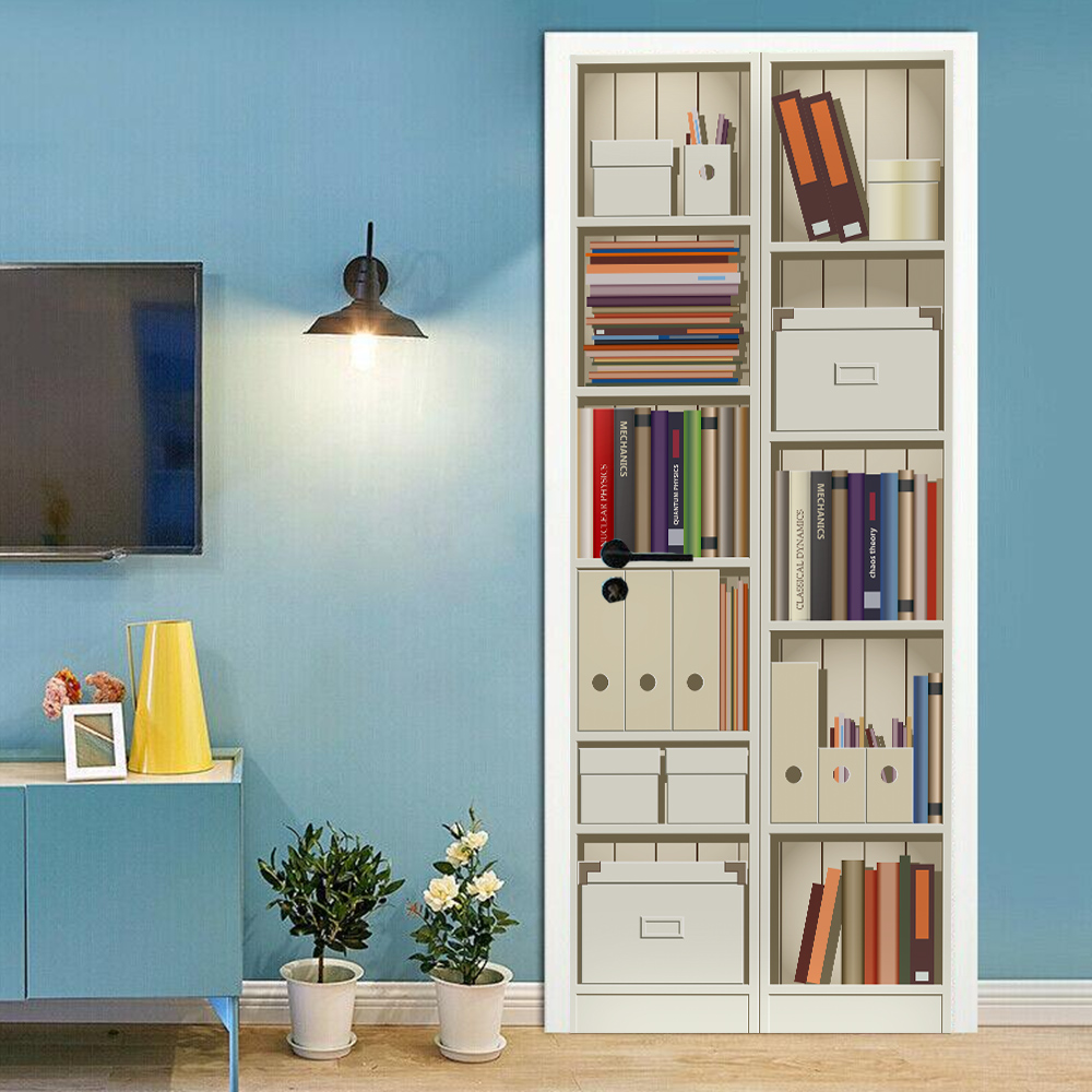 Wooden Bookshelf Door Stickers Spiral Staircase Library Retro ...