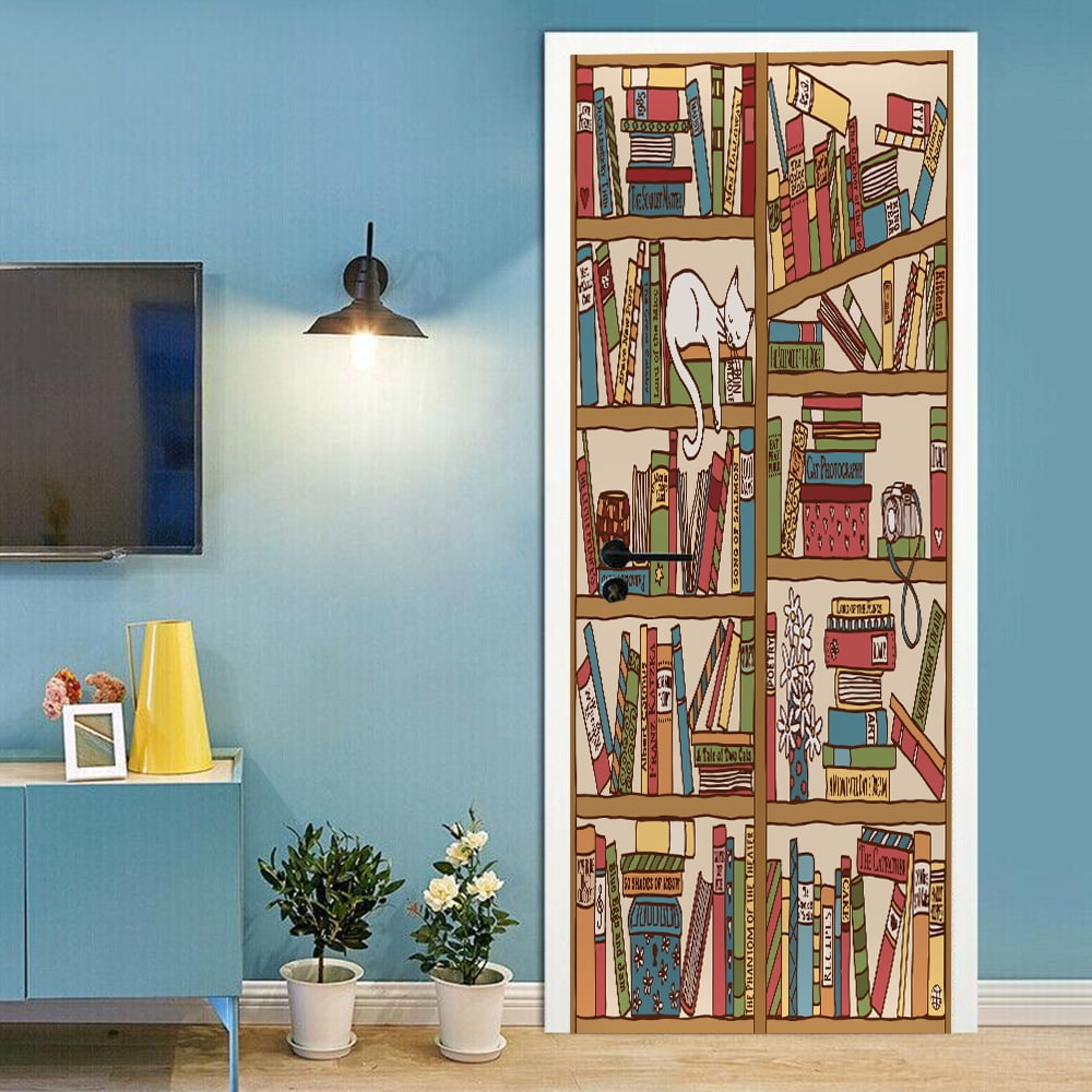 Wooden Bookshelf Door Stickers Spiral Staircase Library Retro ...